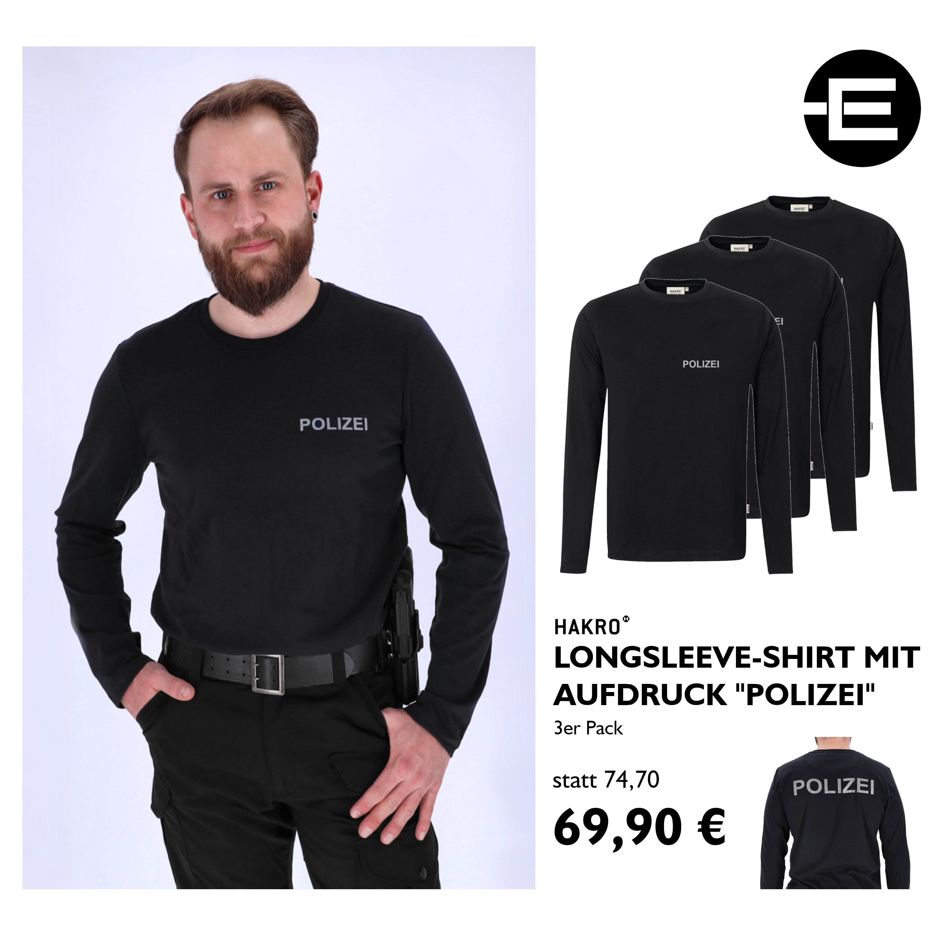 Longsleeve-Shirt, schwarz mit Brust- und Rückendruck "POLIZEI" 3er Set ...